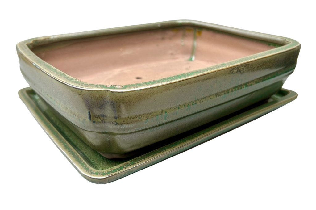 Rectangular Ceramic Bonsai Pot with Drip Tray in Green - 26.5cm - Bonsai2U